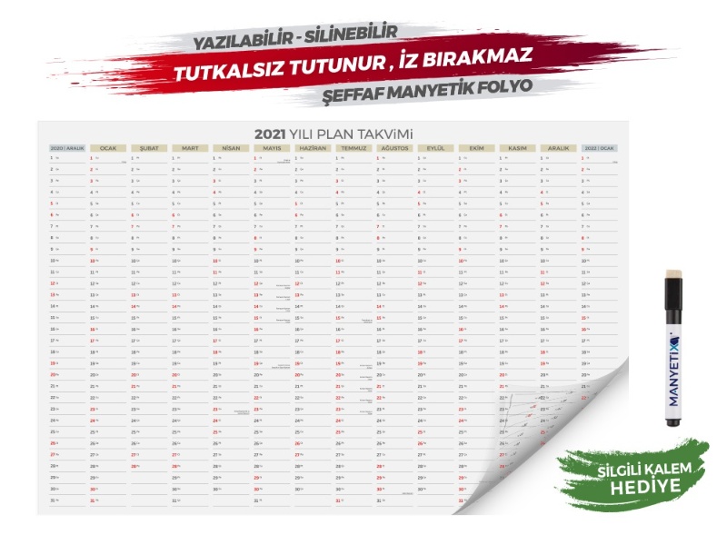Manyetix 2021 Yıllık Plan Takvimi Şeffaf Yazı Tahtası | 1001 Baskı